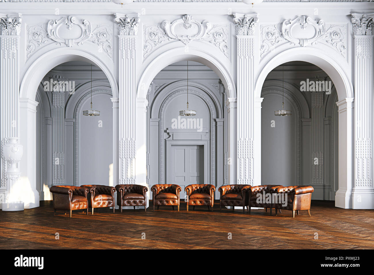 Big white classic interior museum hall with vintage leather armchair 3d ...