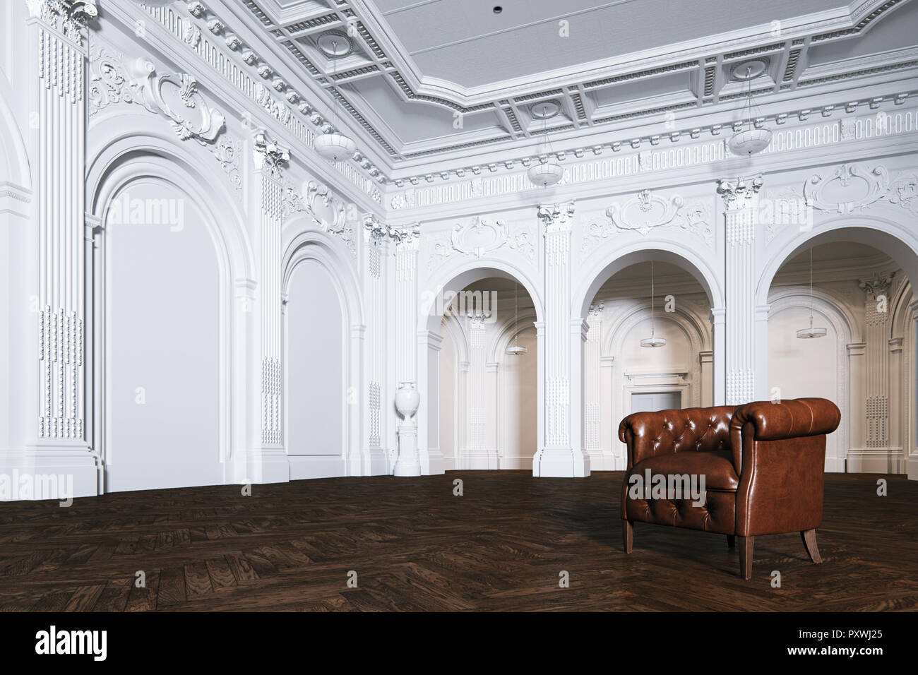 Big white classic interior museum hall with vintage leather armchair 3d ...