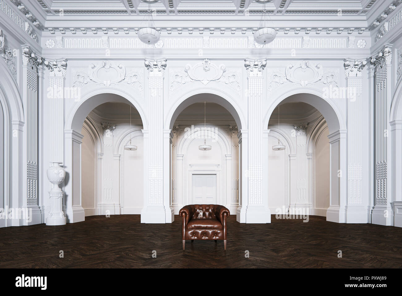 Big white classic interior museum hall with vintage leather armchair 3d ...