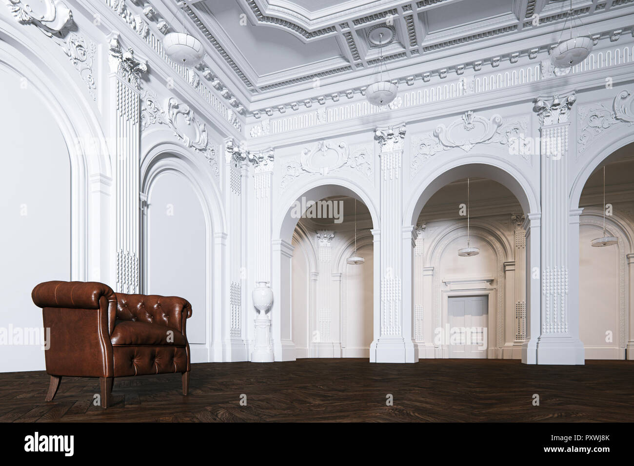 Big white classic interior museum hall with vintage leather armchair 3d ...