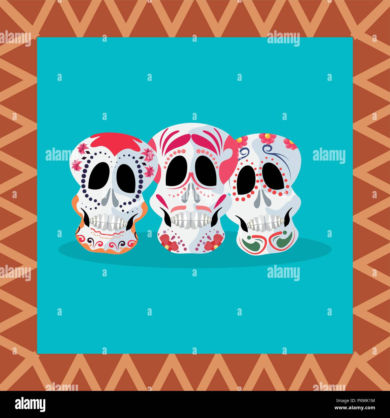 day of the dead blue frame skulls flowers colors vector illustration ...