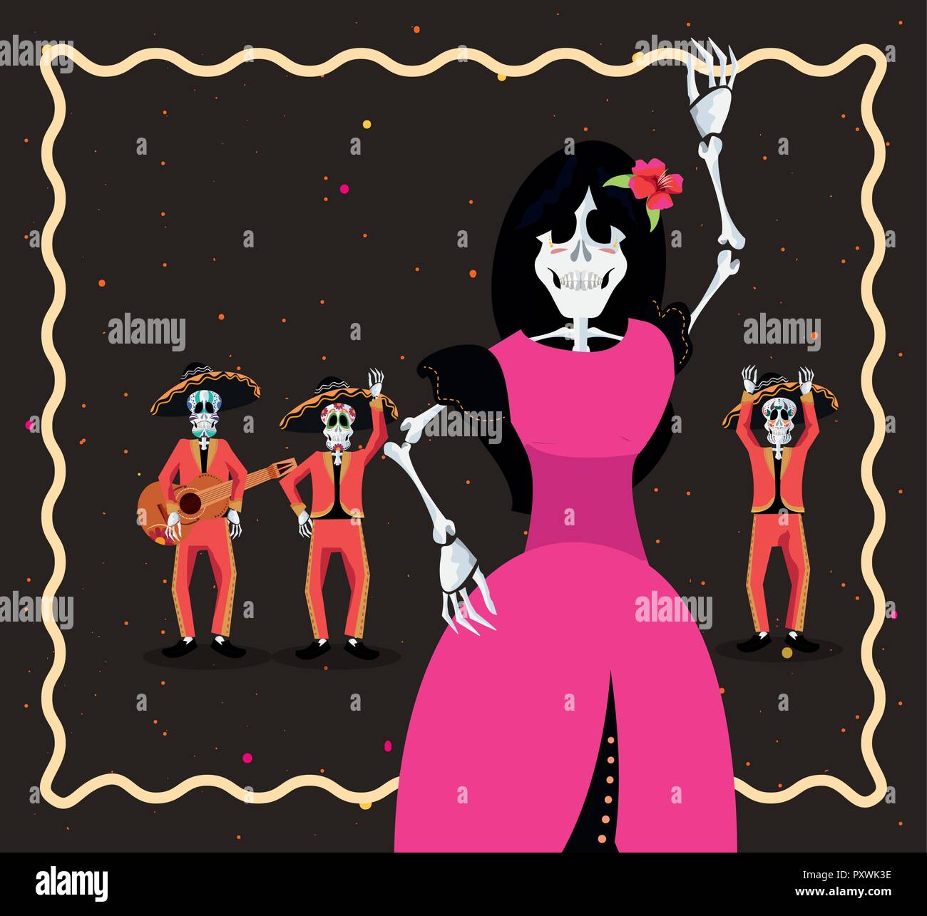 day of the dead frame skeletons customes dancing vector illustration ...