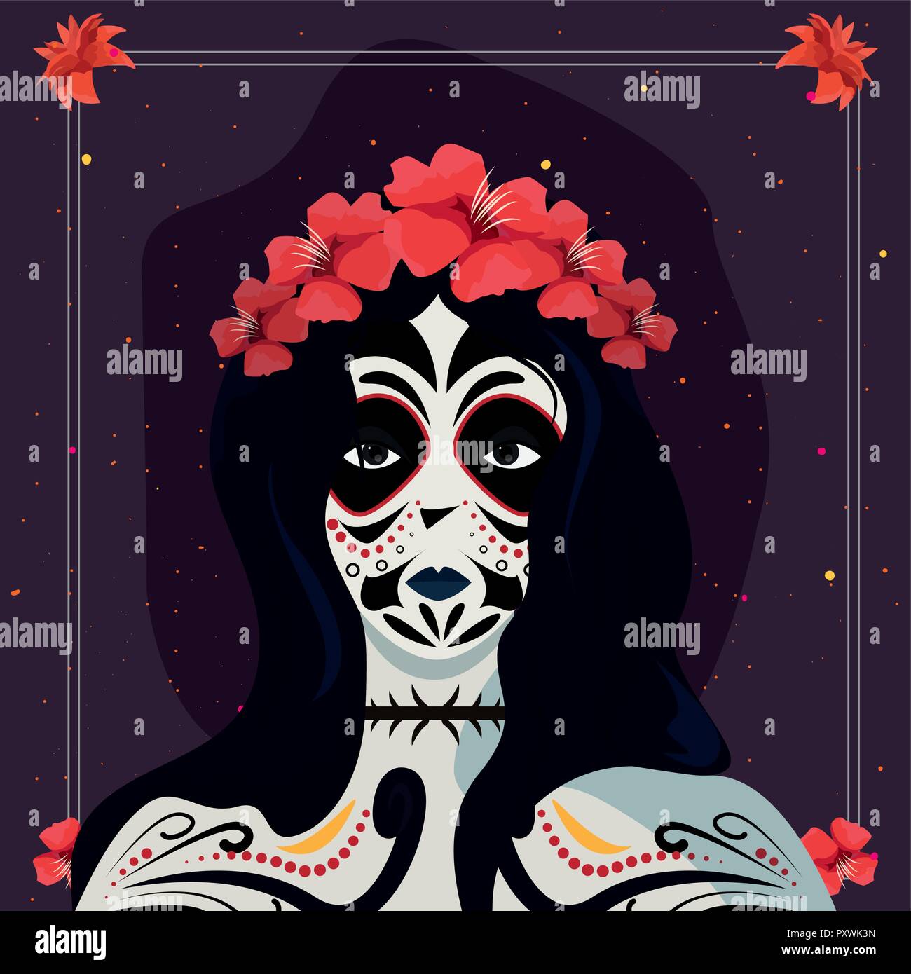 day of the dead frame flowers catrina woman vector illustration Stock ...