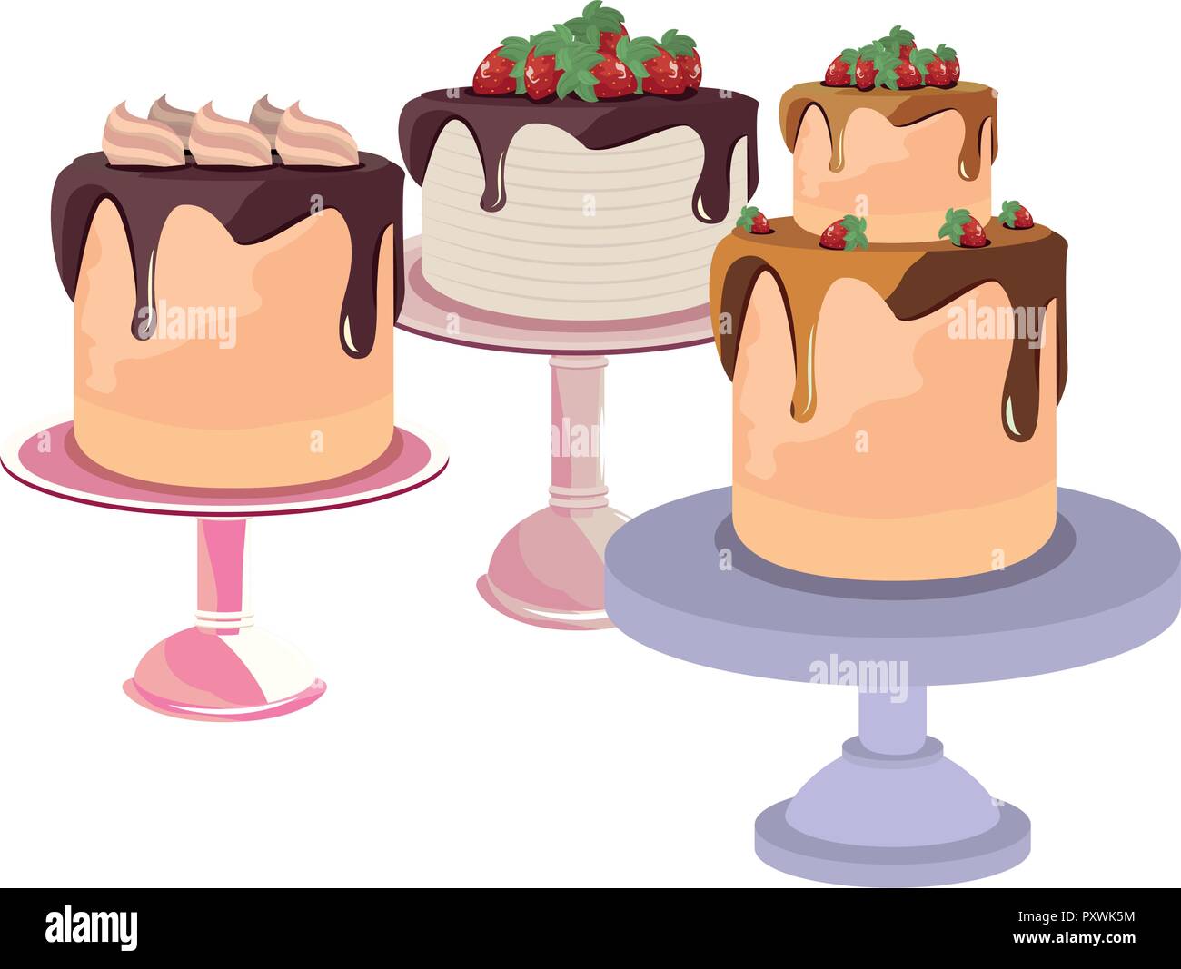 three sweet cakes on stand celebration birthday vector illustration ...