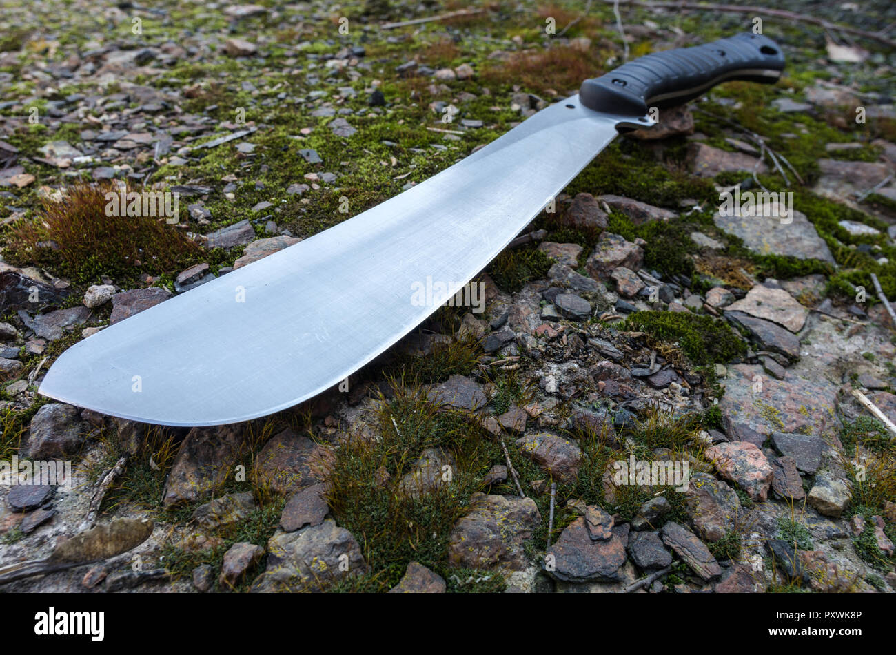 Large working knife. Photo of a machete at an angle. Work tool Stock ...