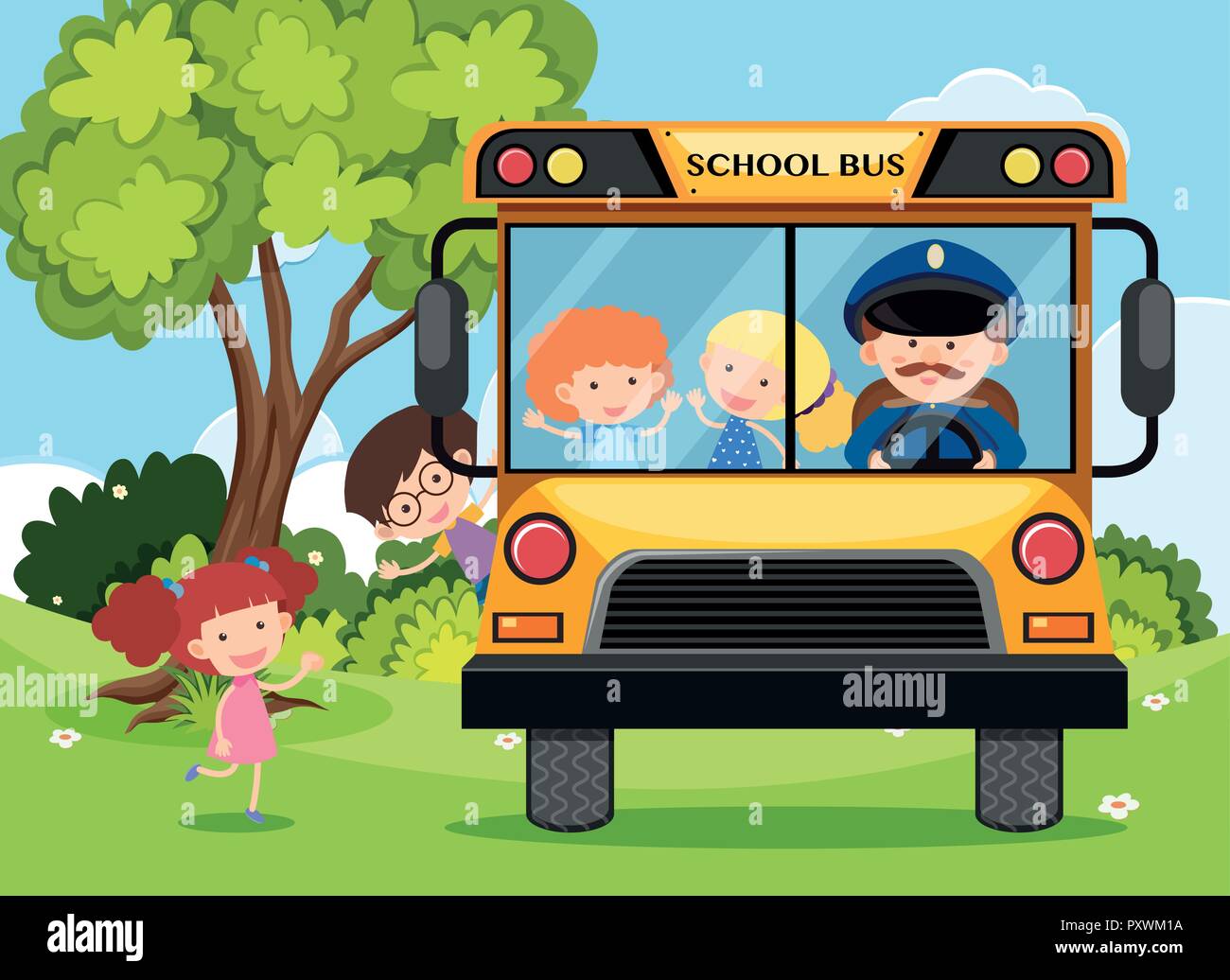 Children and bus driver on school bus illustration Stock Vector Image ...
