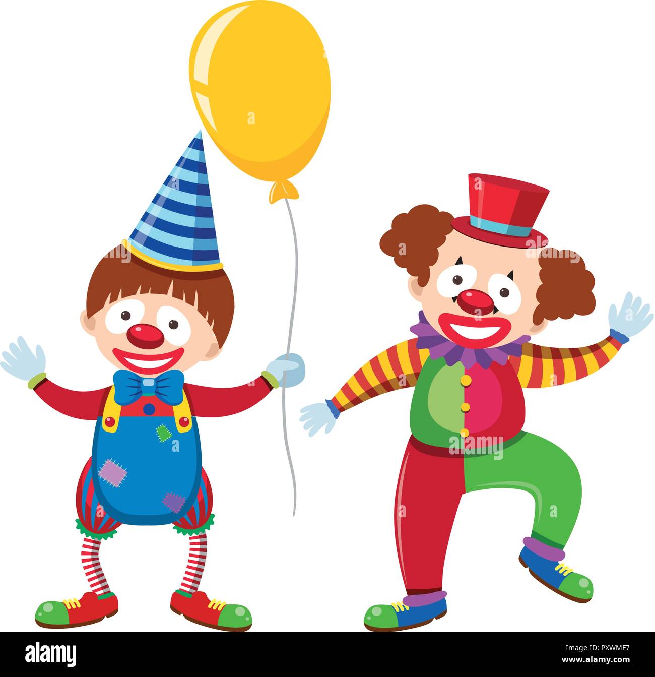 Two happy clowns with yellow balloon illustration Stock Vector Image ...