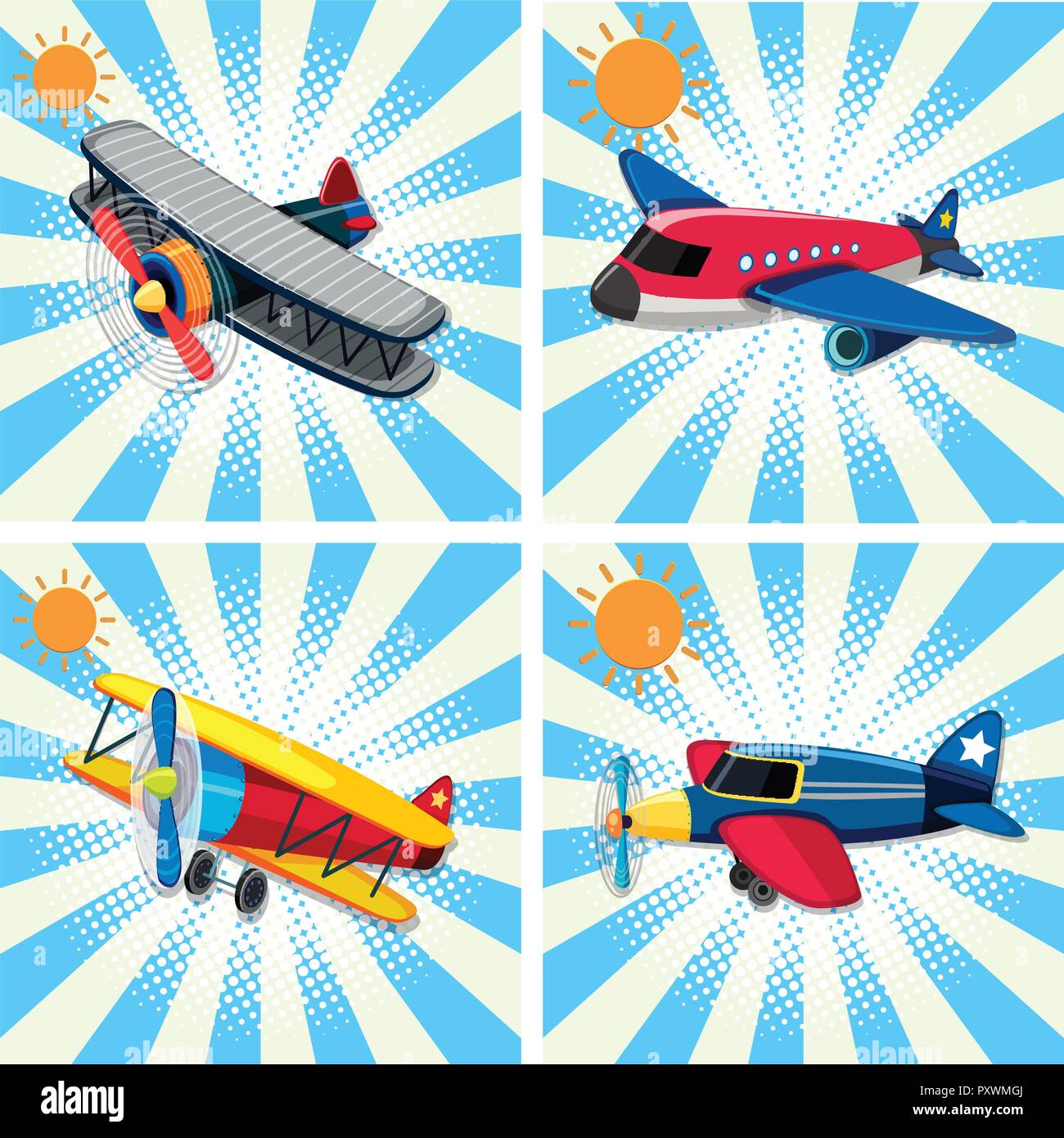 Four designs of airplanes on sky background illustration Stock Vector ...