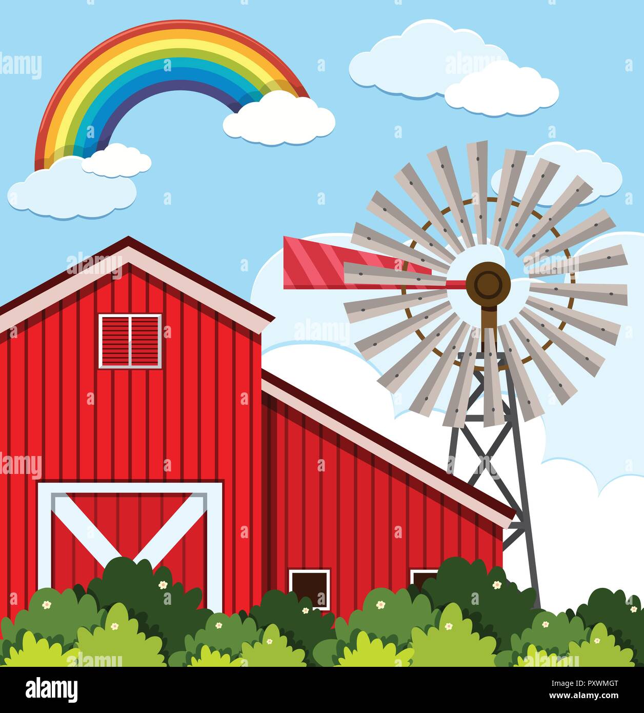 Red barn and wind turbine on the farm illustration Stock Vector Image ...