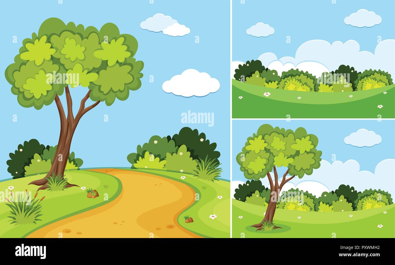Three scenes with trees and grass illustration Stock Vector Image & Art ...