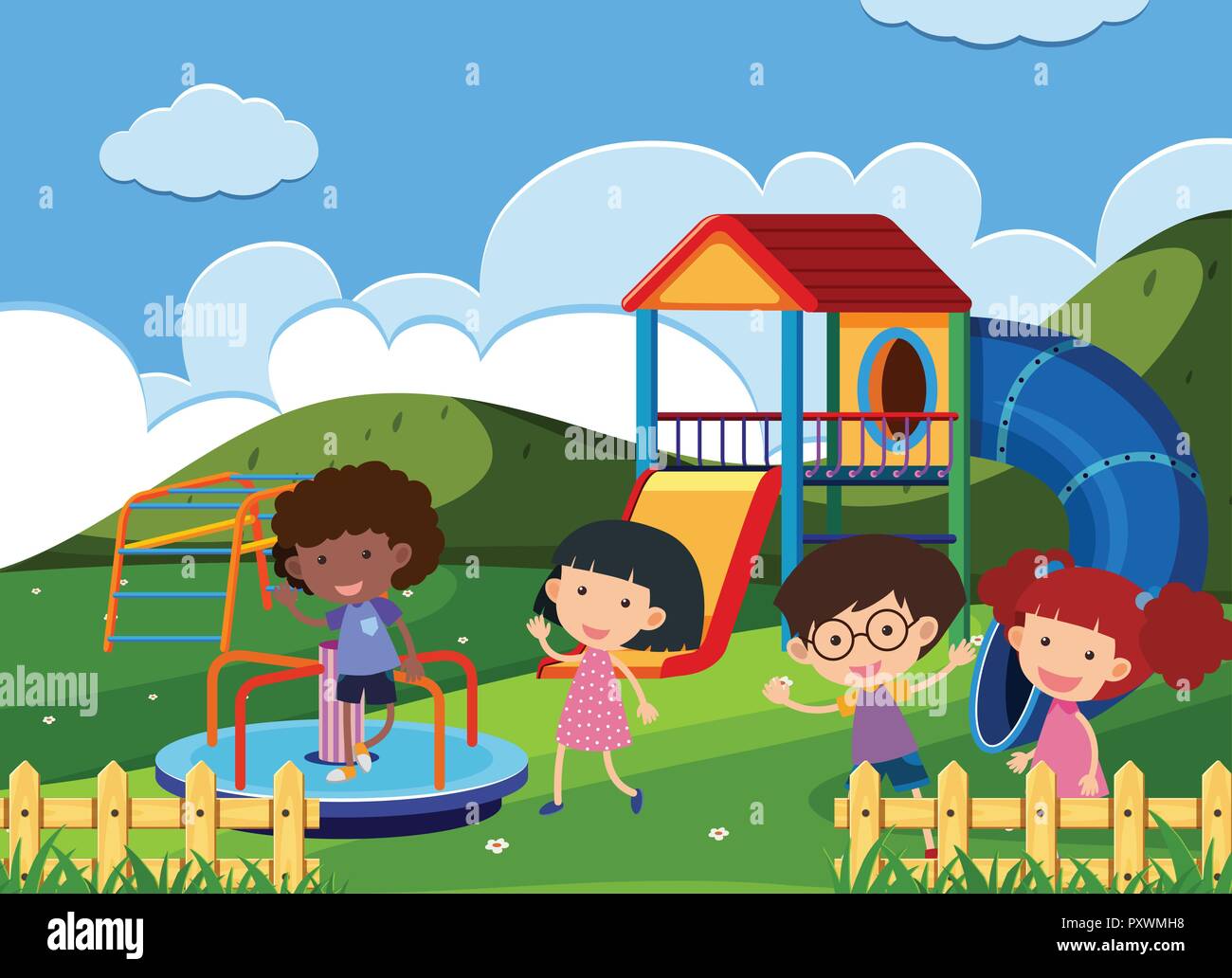 Cartoon Little Kids Playing Slide High Resolution Stock Photography and ...