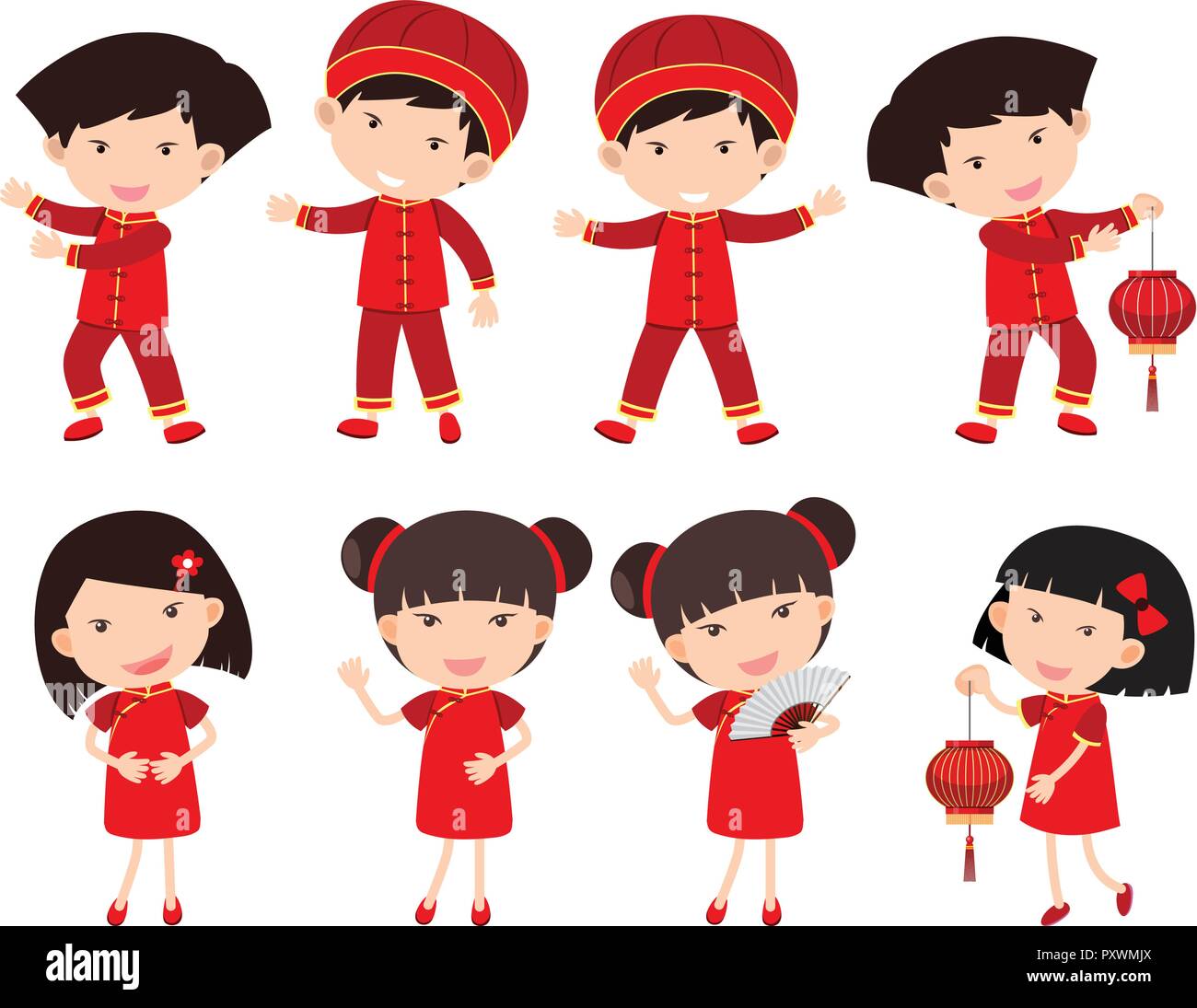 Chinese boys and girls in red outfit illustration Stock Vector Image ...