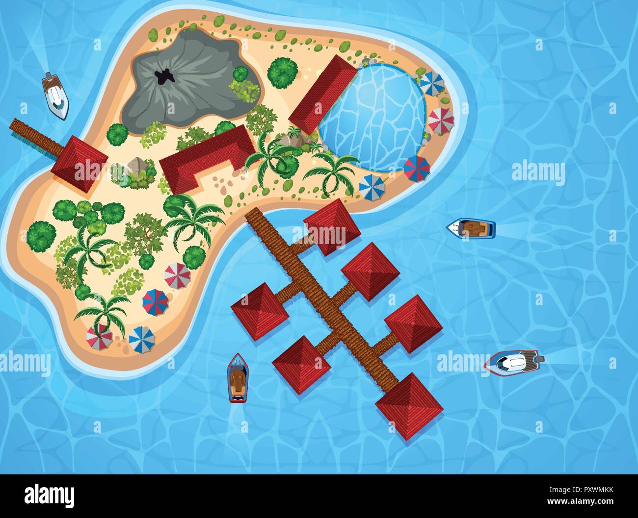 Aerial view with buildings on island illustration Stock Vector Image ...