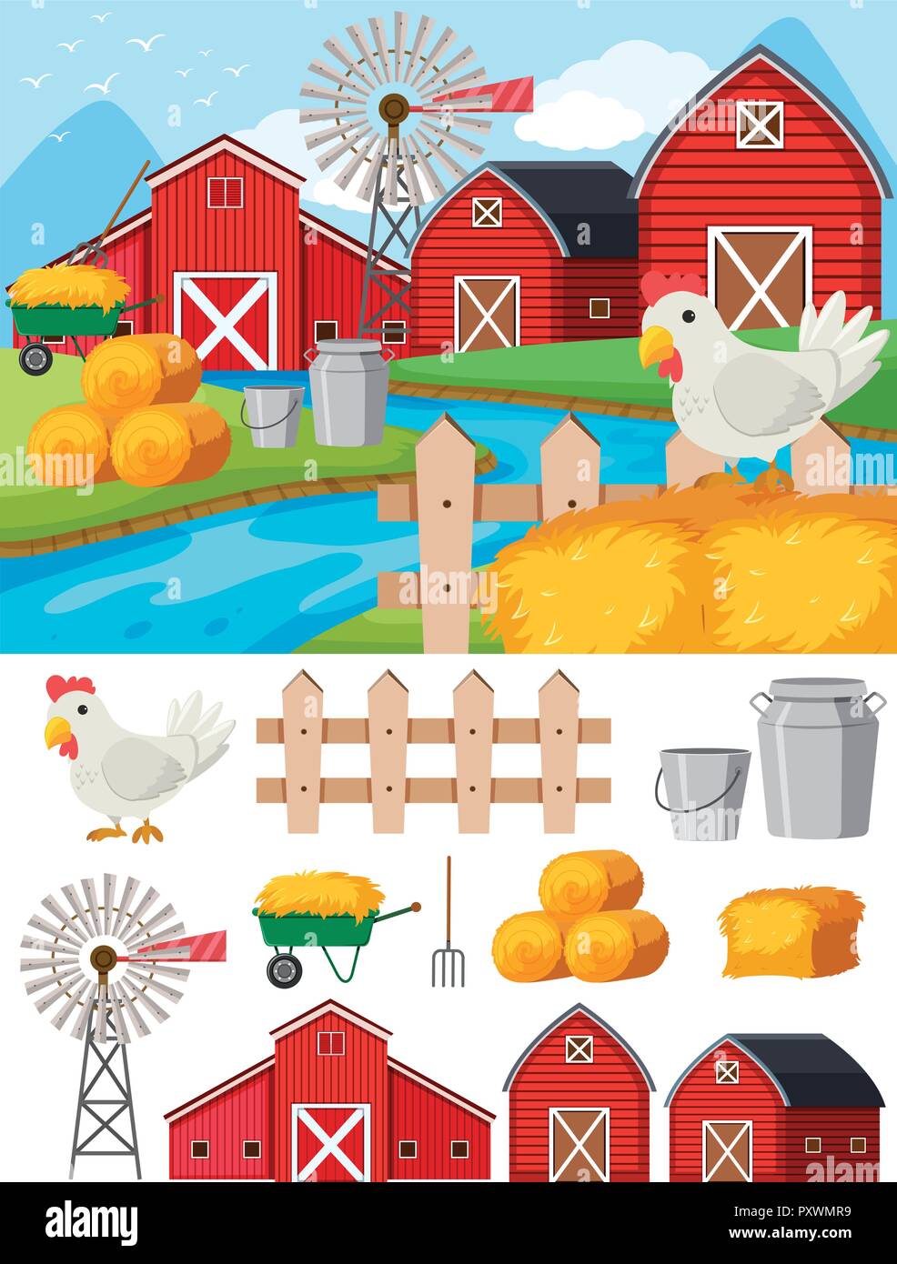 Farm elements and scene at daytime illustration Stock Vector Image ...
