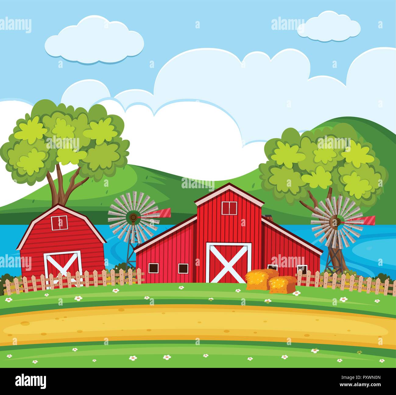 Farm scene with red barns and wind turbines illustration Stock Vector ...