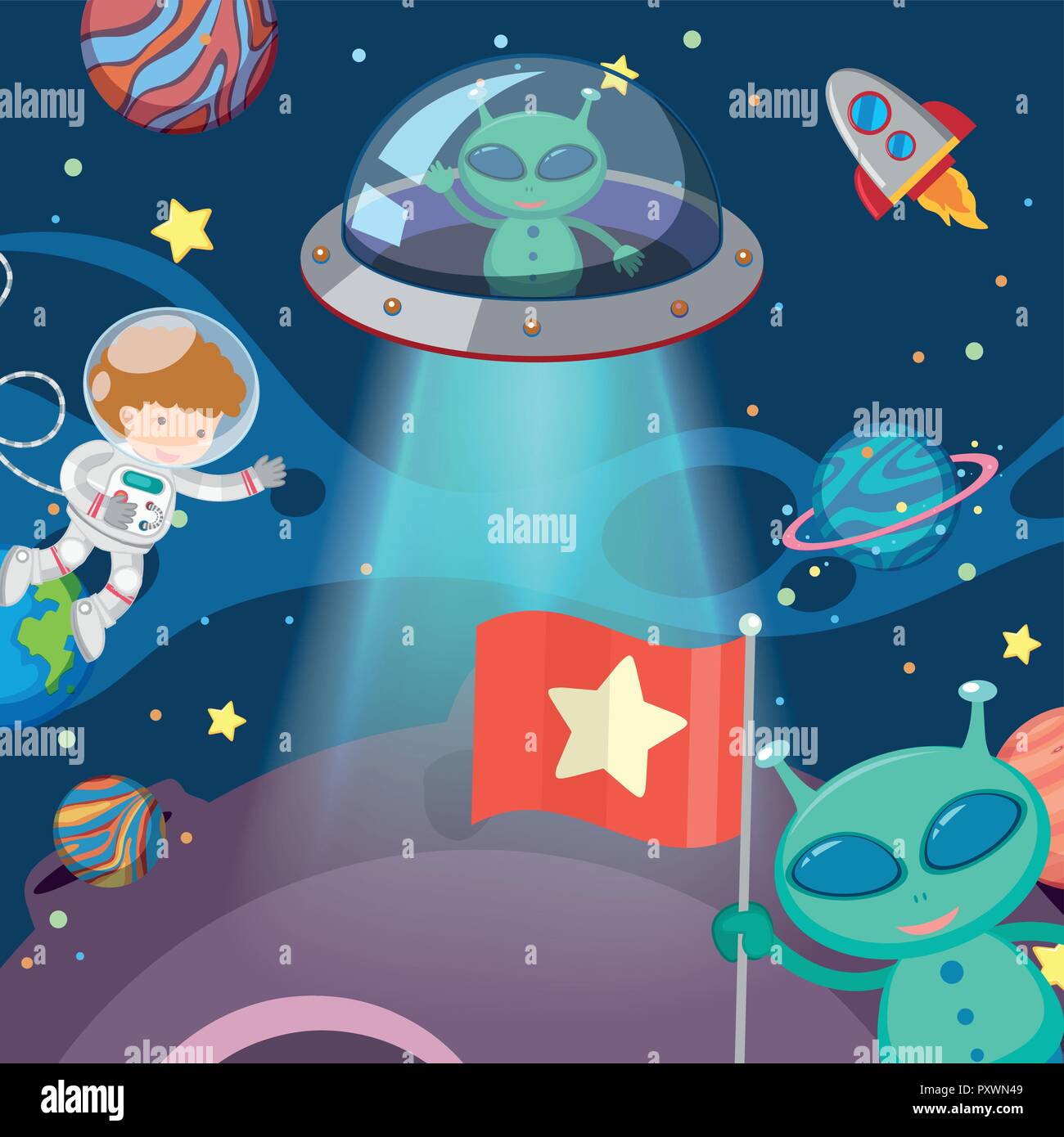 Two aliens and astronaut in space illustration Stock Vector Image & Art ...