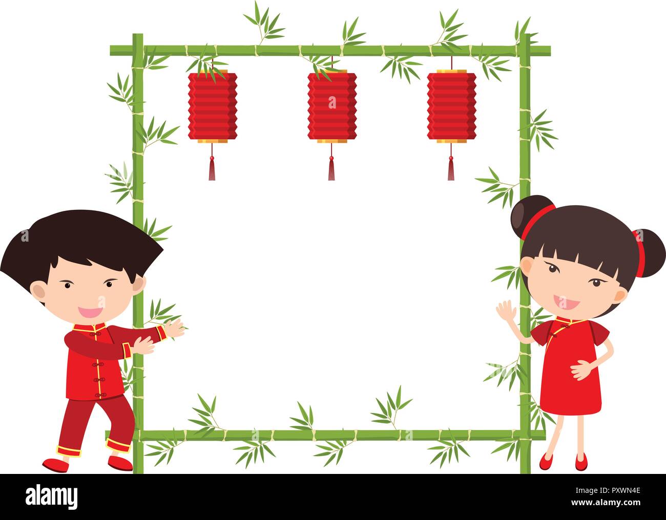 Border template with chinese boy and girl illustration Stock Vector ...