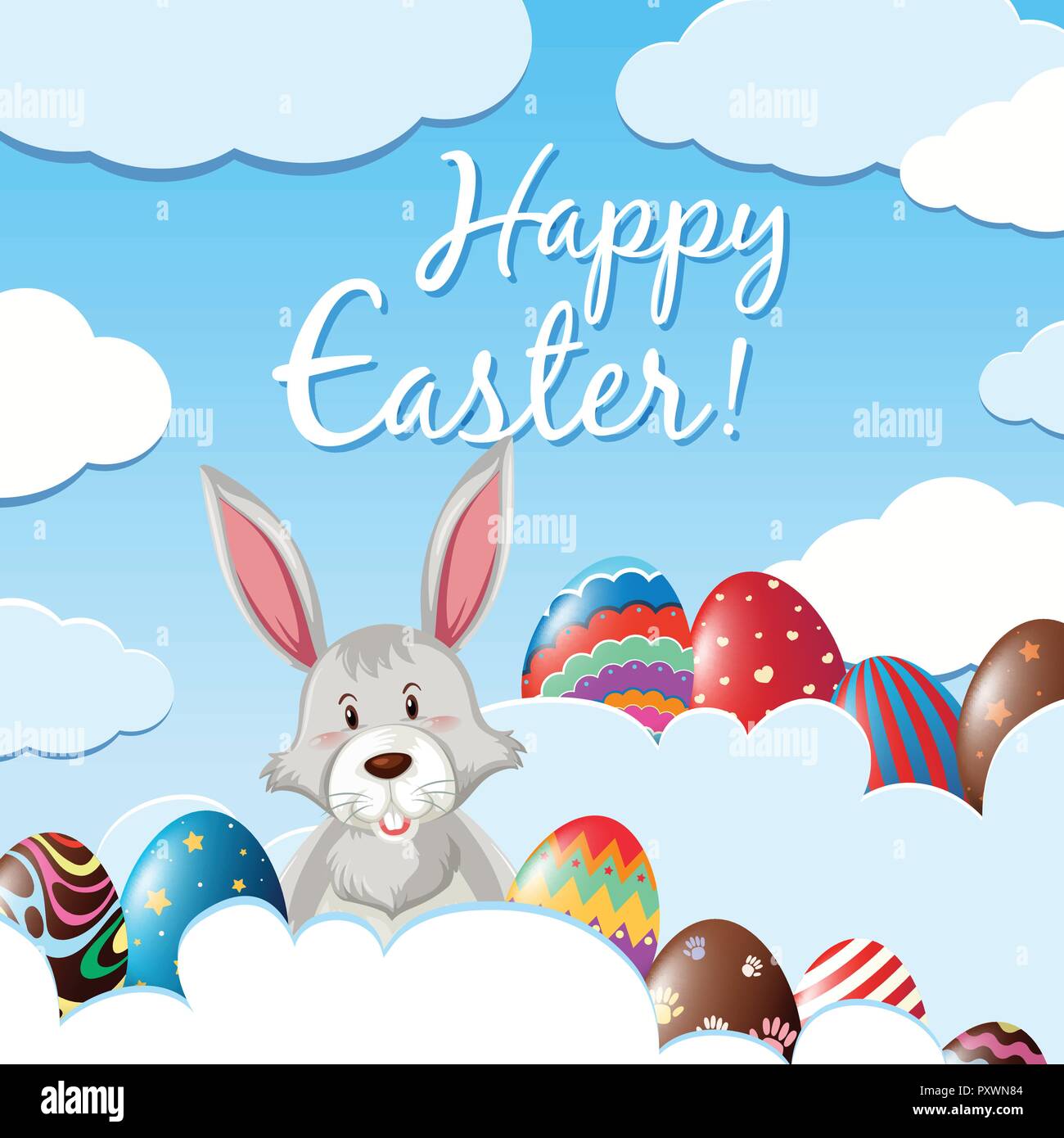 Cute bunny and eggs on the clouds for easter illustration Stock Vector ...