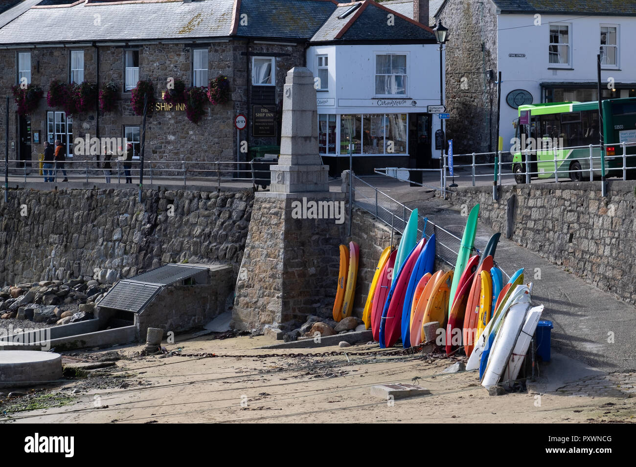 Close ups of area of Mousehole, Cornwall showing the war memorial ...