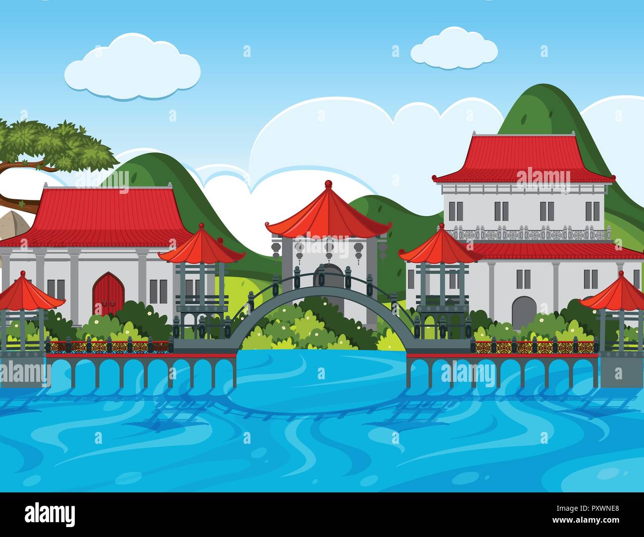 Chinese theme background with buildings by the river illustration Stock ...