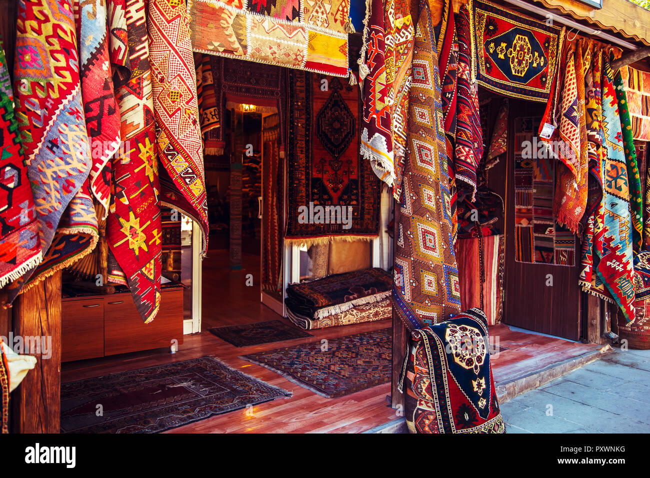 Amazing traditional handmade turkish carpets in souvenir shop ...
