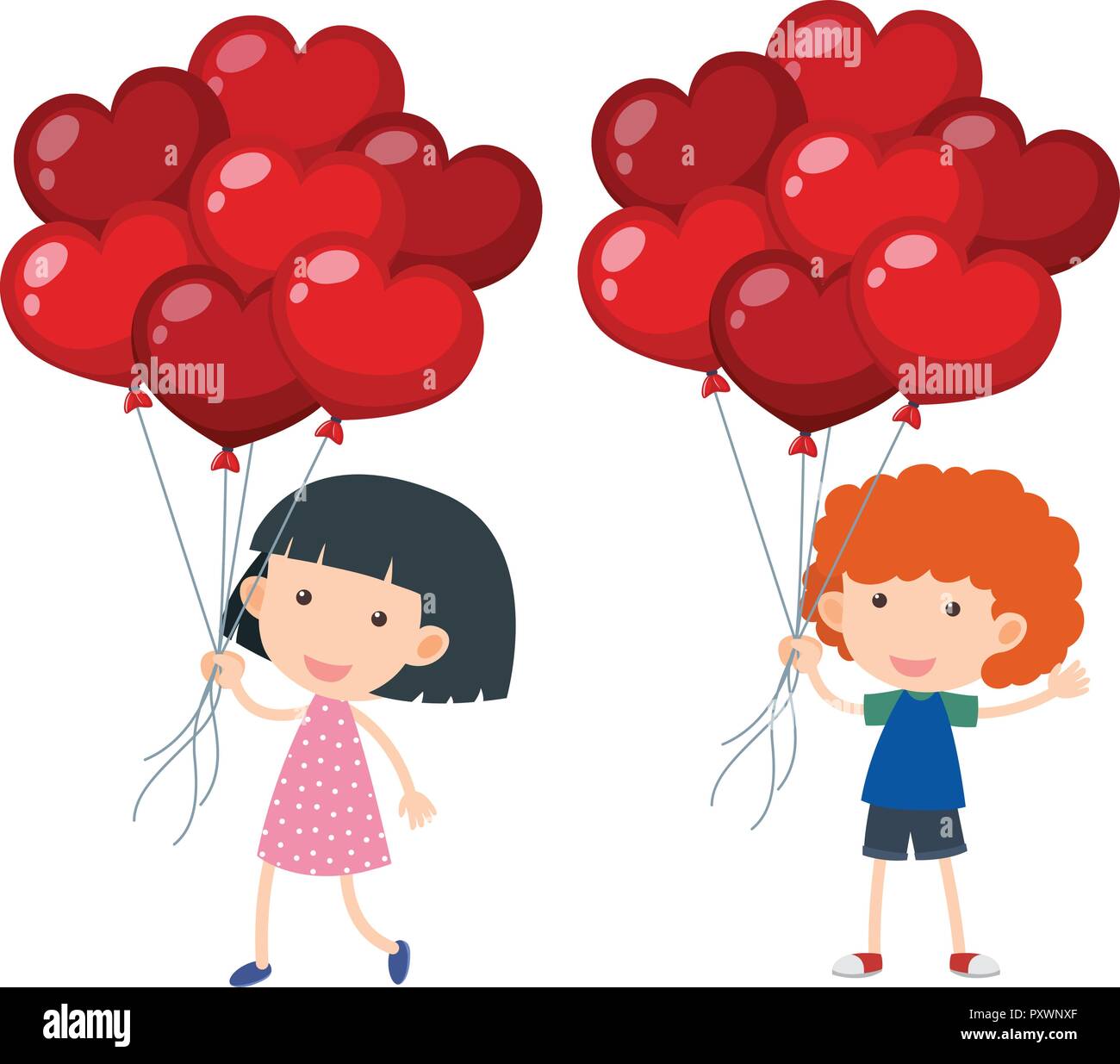 Boy and girl with balloons shape of hearts illustration Stock Vector ...