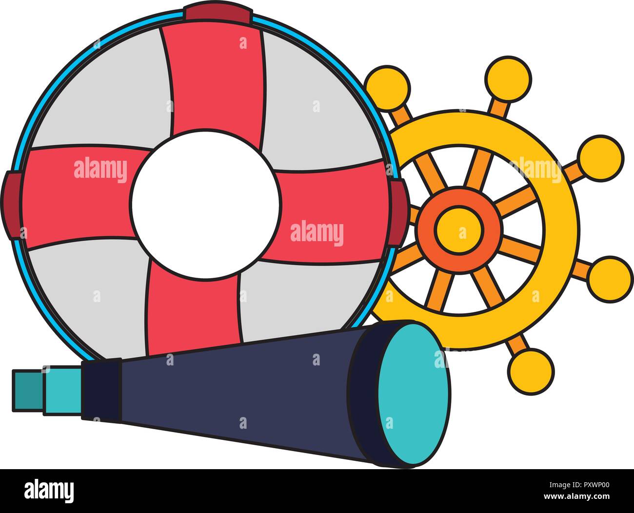 lifebuoy boat helm and spyglass equipment nautical vector illustration ...