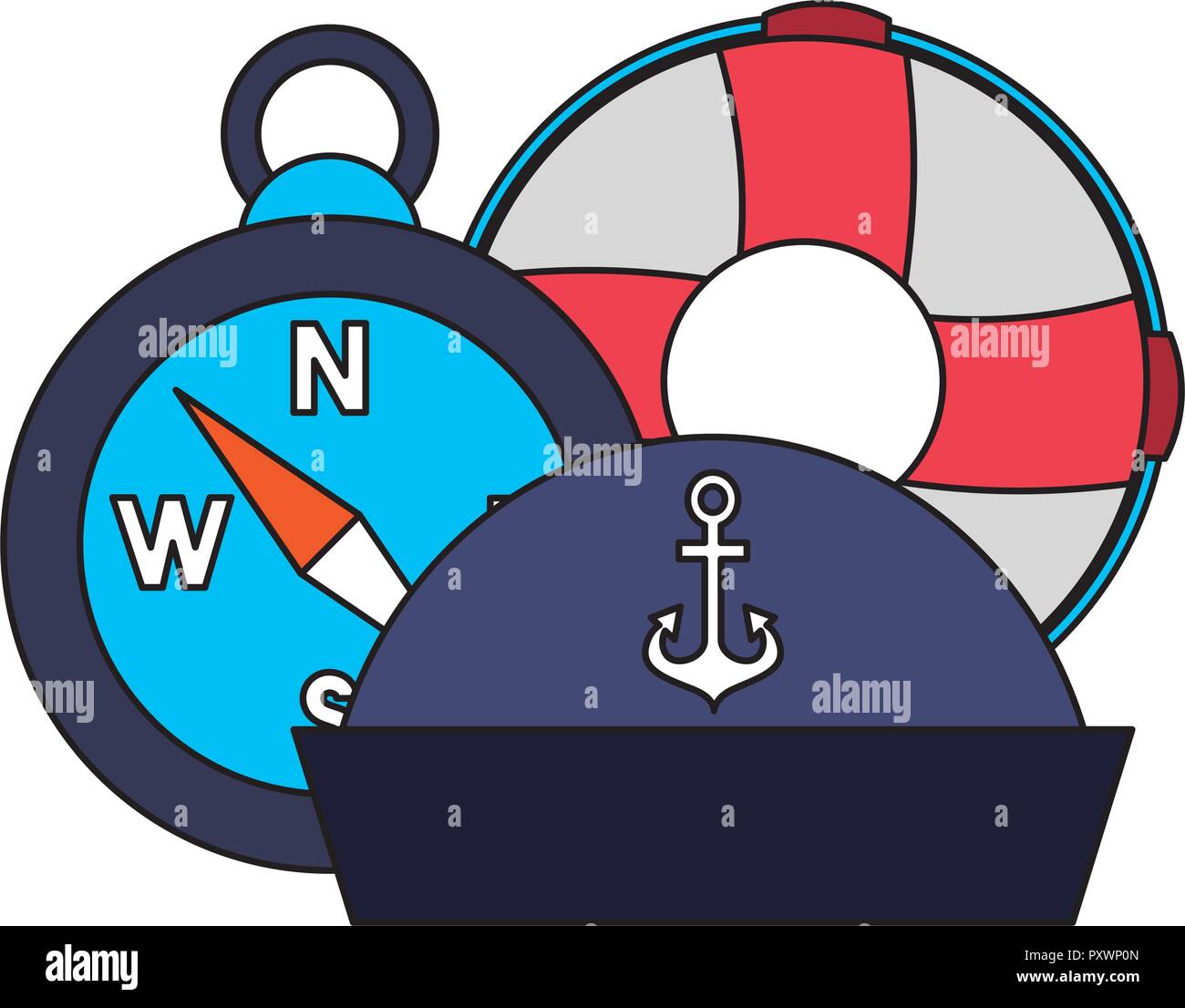 hat compass and lifebuoy equipment nautical vector illustration image ...