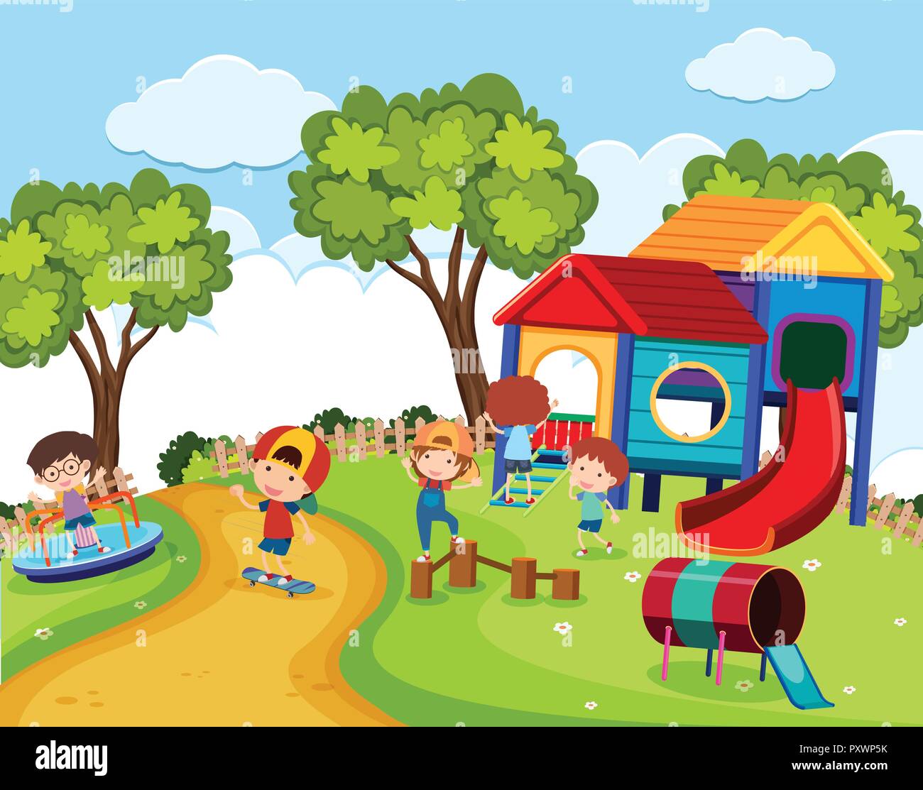 Happy children in playground at daytime illustration Stock Vector Image ...