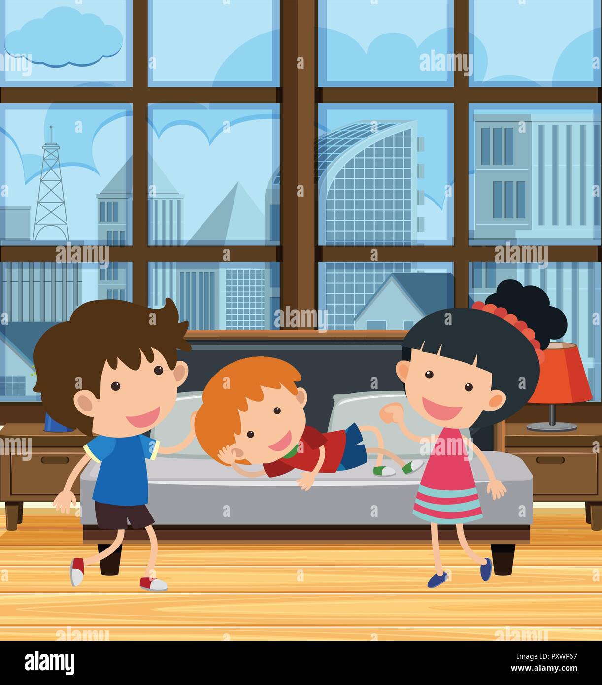 Kids Playing in Apartment with City View illustration Stock Vector ...