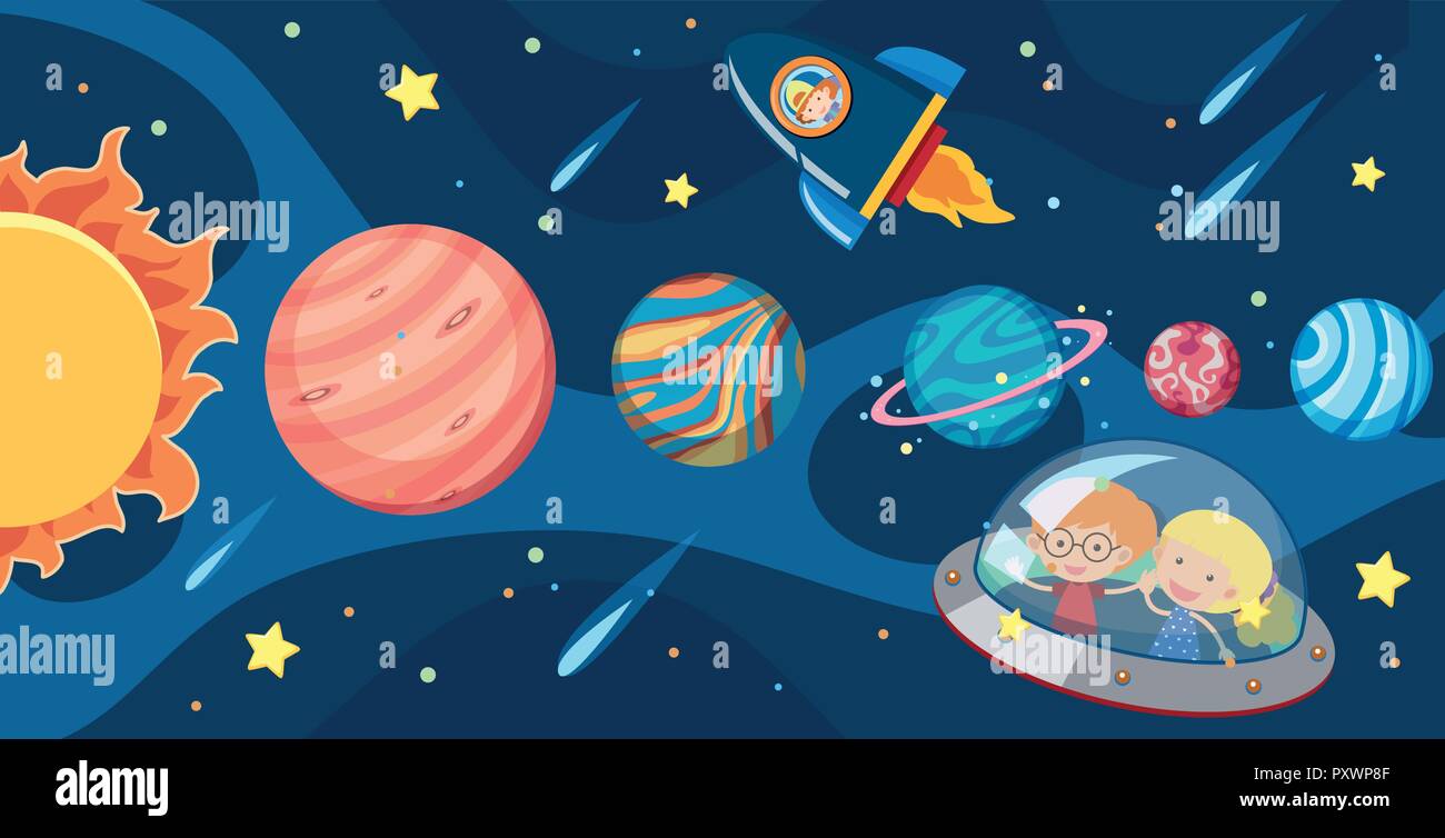 Kids in spaceship in the galaxy illustration Stock Vector Image & Art ...