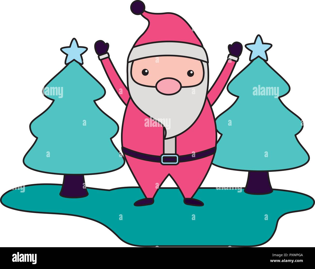 merry christmas cute santa claus hands up trees vector illustration ...