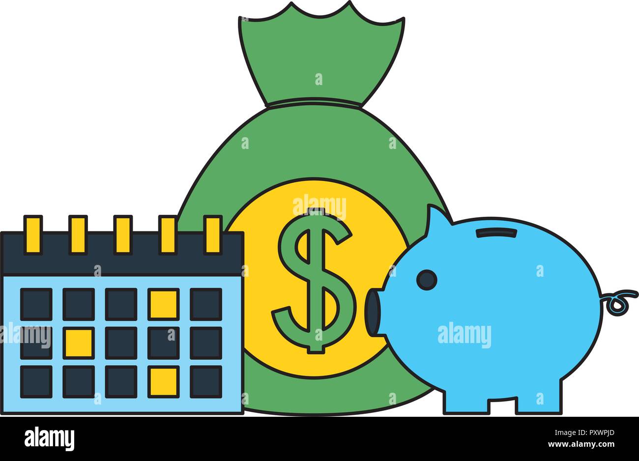 money bag piggy bank and calendar fintech digital vector illustration ...