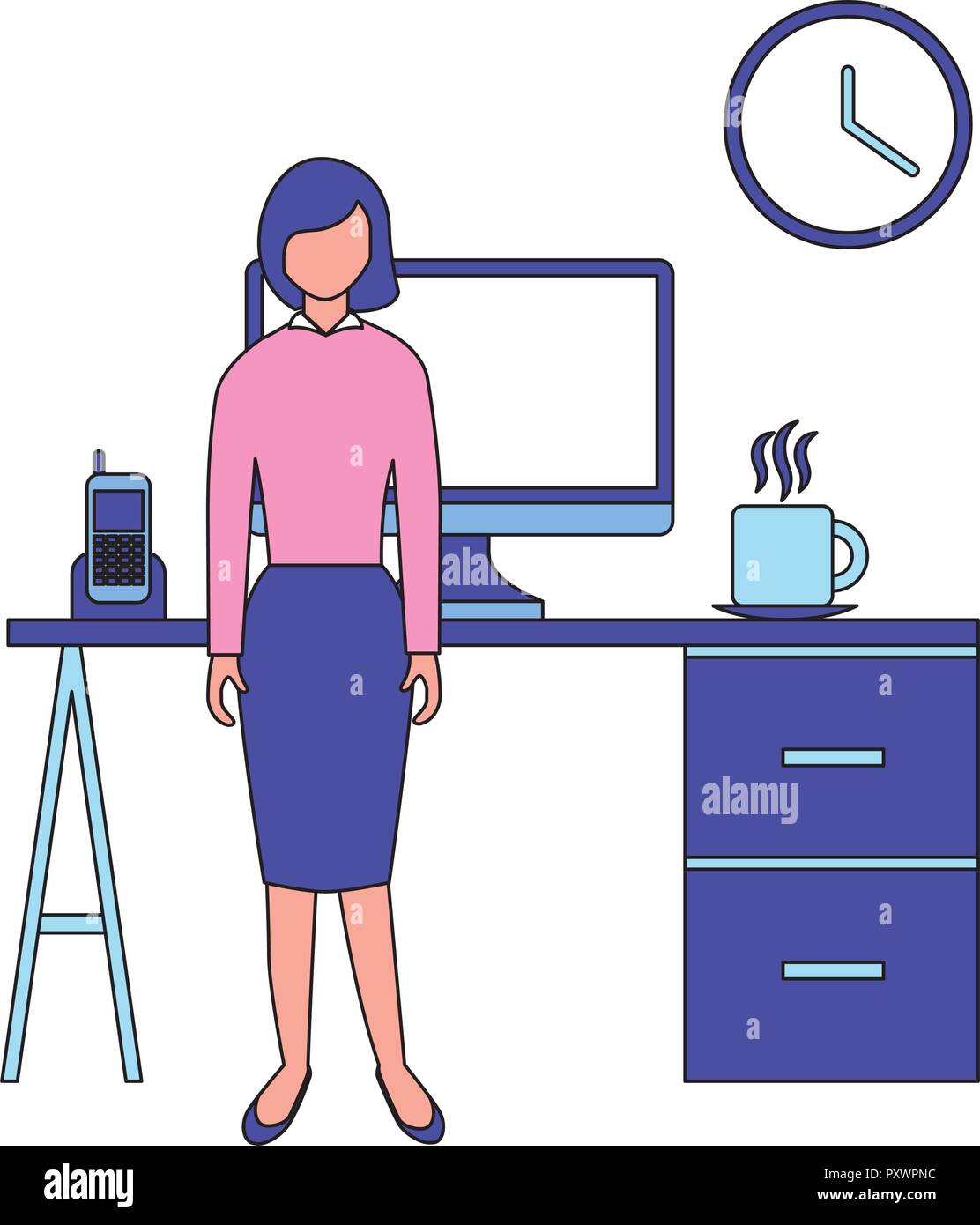 business woman with desk computer clock vector illustration Stock ...