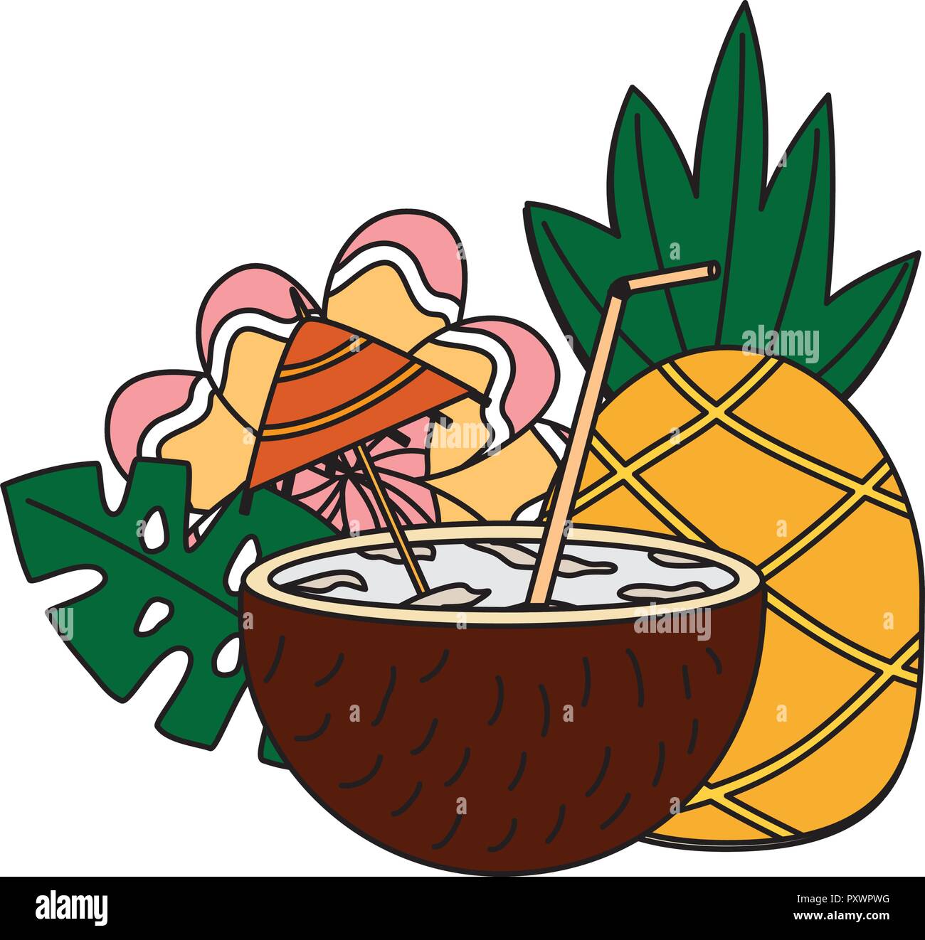 coconut cocktail pineapple flower tropical summer vector illustration ...