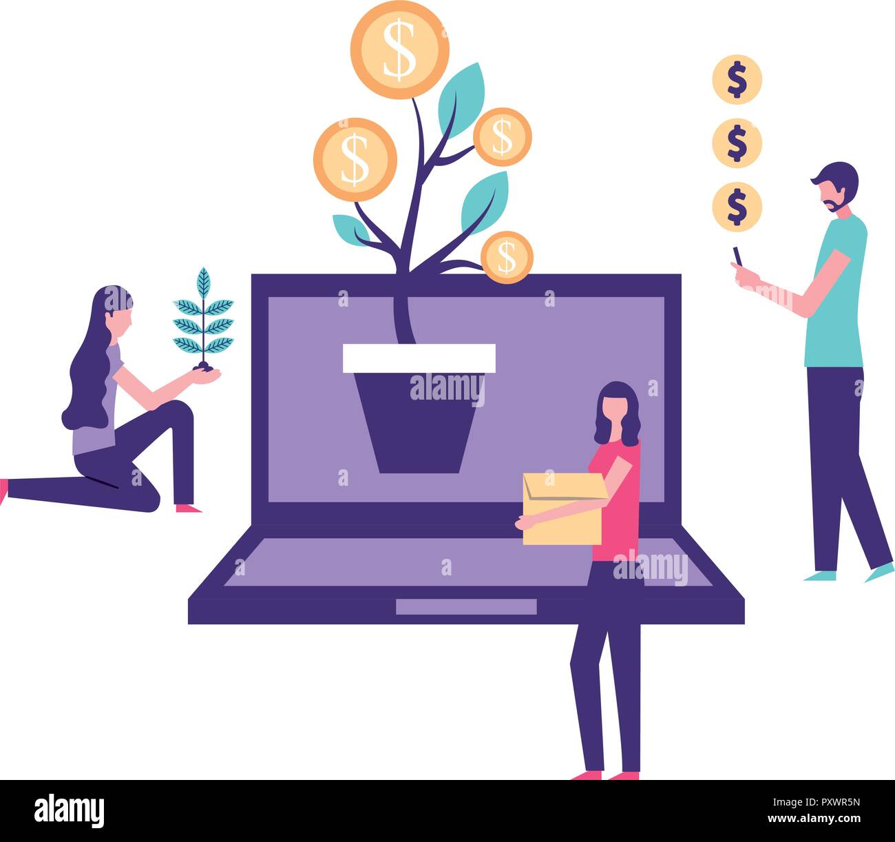 volunteers help computer plant coins donation vector illustration Stock ...