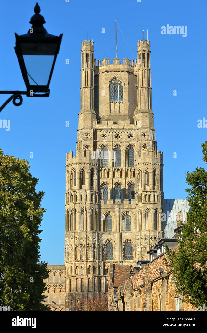 Close-up on the Clock tower of the Cathedral of Ely in Cambridgeshire ...