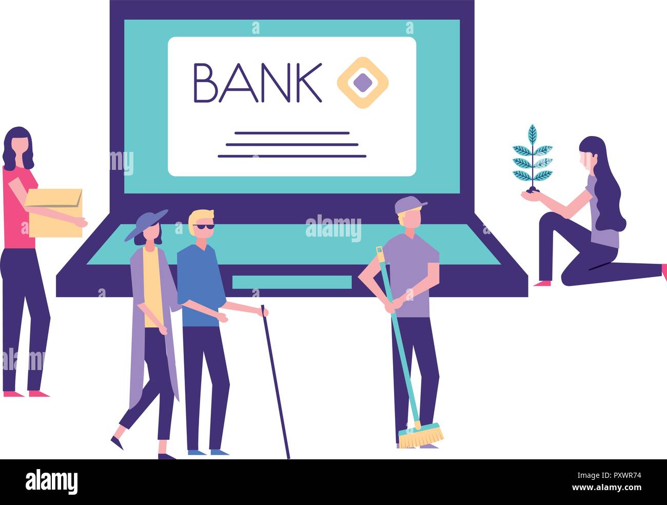 volunteers help bank computer people donations vector illustration ...