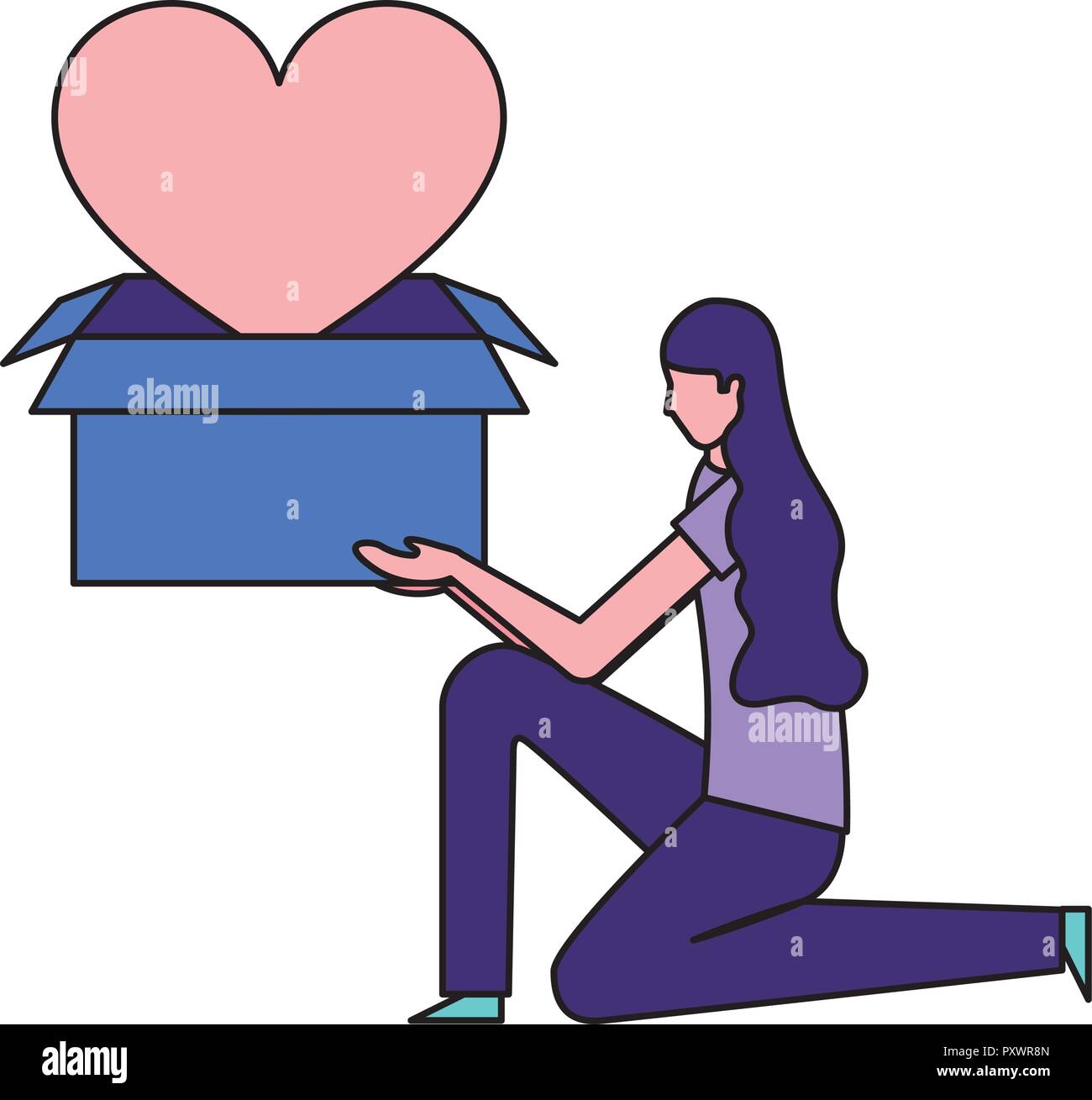volunteers help woman holding box donate heart vector illustration ...
