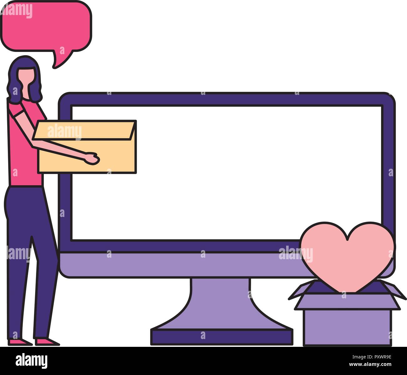 volunteers help woman hold box computer donate vector illustration ...