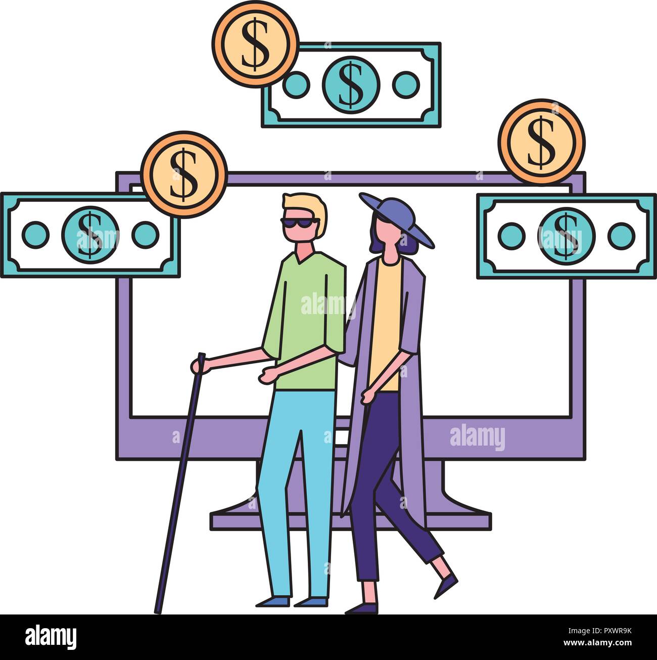 volunteers help coins dollars computer woman carry blind person vector ...