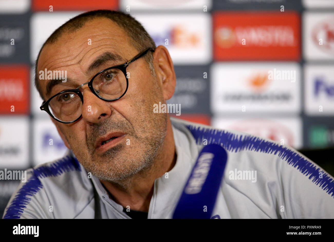 Chelsea manager Maurizio Sarri during the press conference at Cobham ...