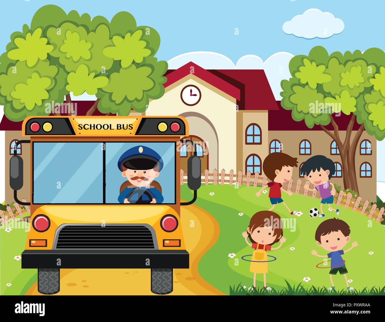 School scene with bus driver and kids in park illustration Stock Vector ...
