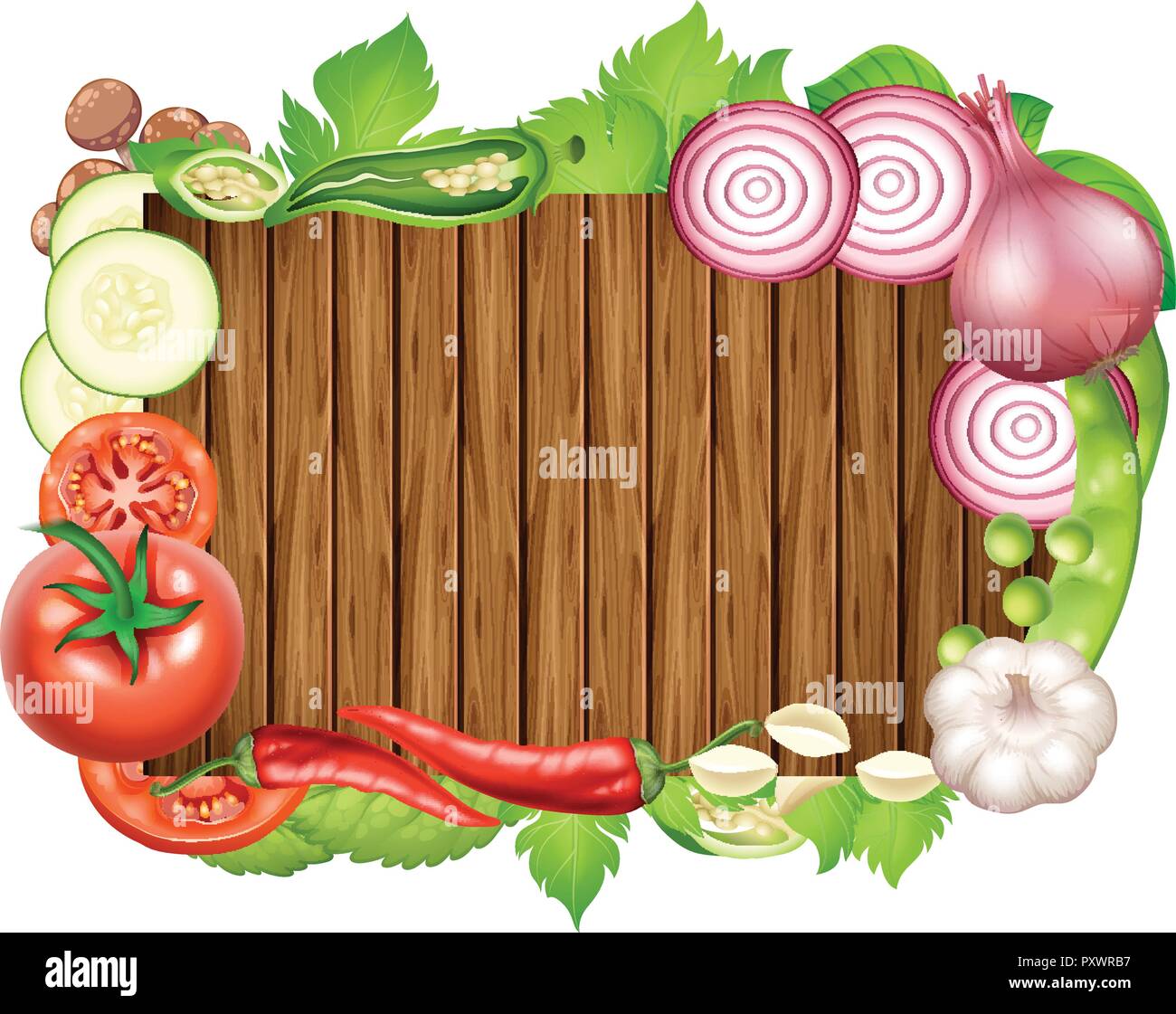 Wooden board with many vegetables illustration Stock Vector Image & Art ...