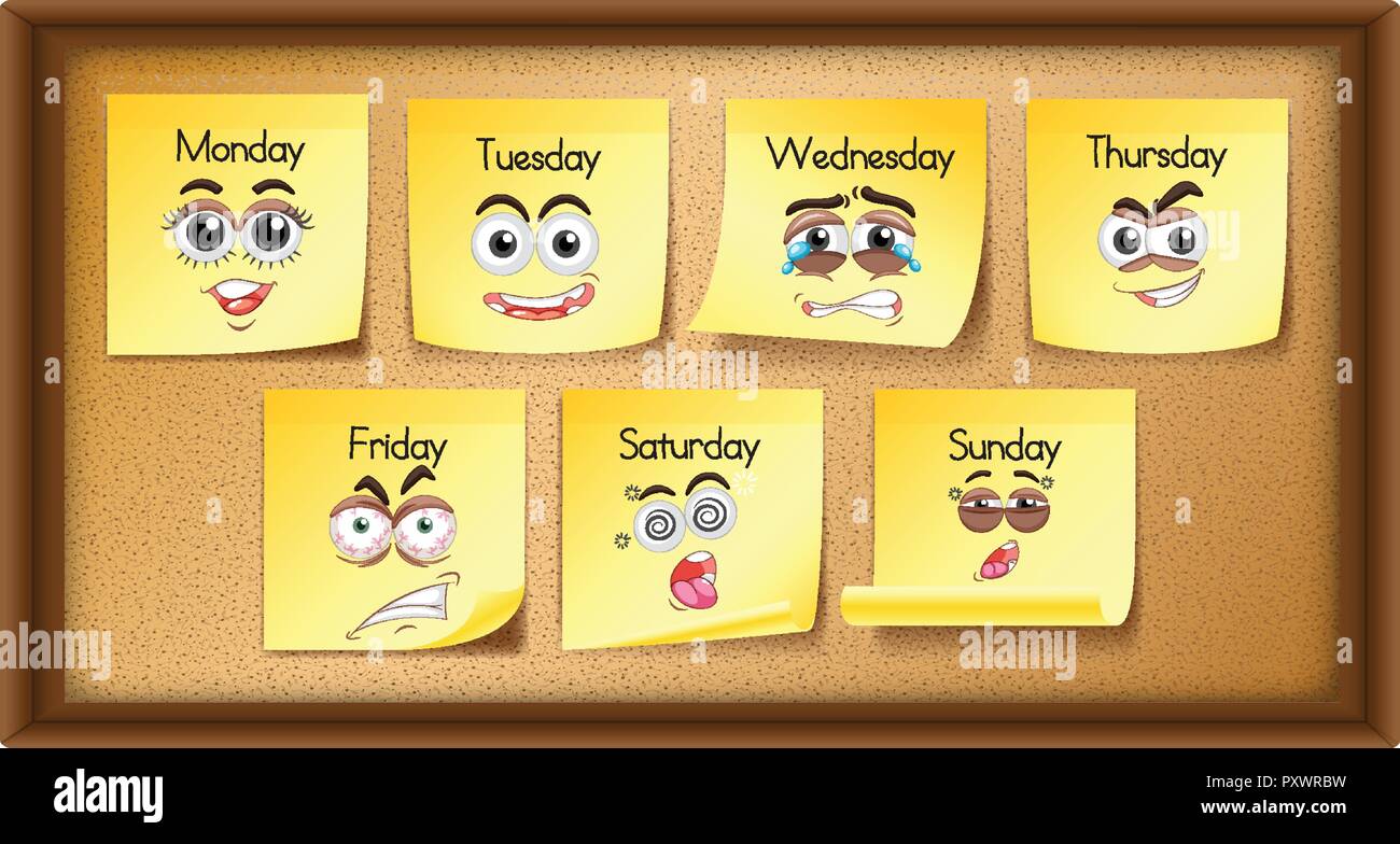 Memo notes with days of the week and expressions illustration Stock ...