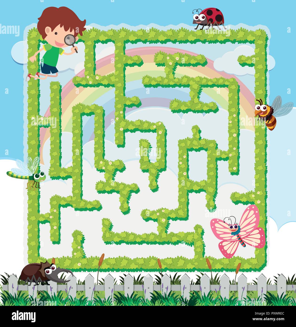 Puzzle game template with boy and many insects illustration Stock ...