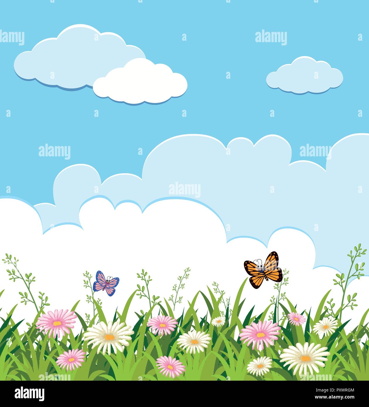 Background scene with butterflies and flowers illustration Stock Vector ...