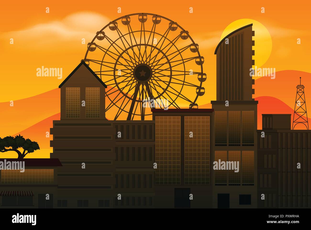 Background scene with ferris wheel and buildings at sunset illustration ...