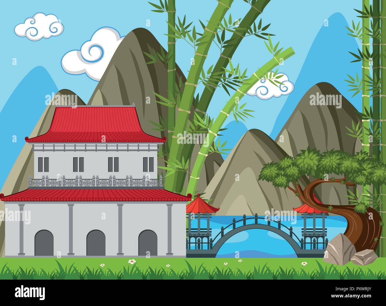 Background scene with buildings in chinese style in the field ...