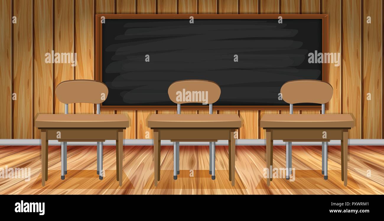 Classroom scene with wooden desks and chairs illustration Stock Vector ...